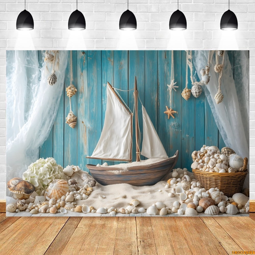 l Backdrop Sailboat Shells Star Baby Shower Kids Birthday Party r ...