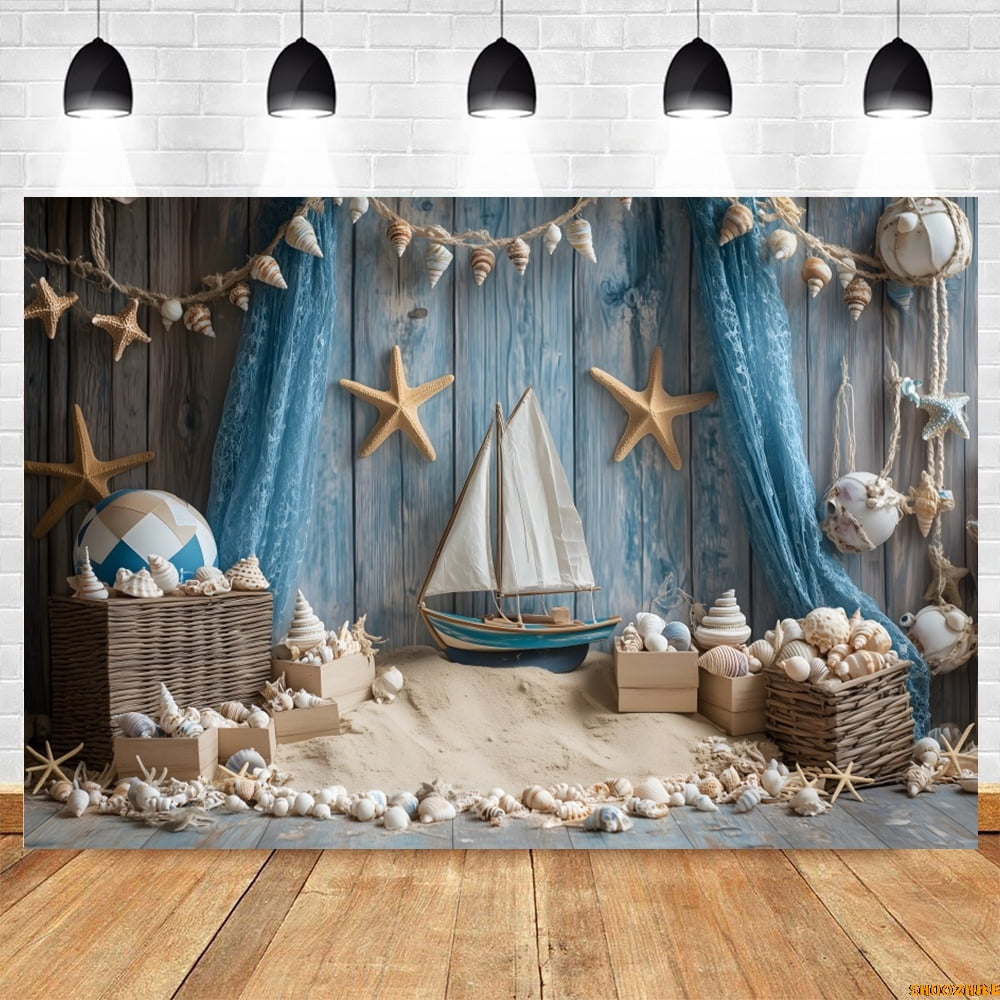 l Backdrop Sailboat Shells Star Baby Shower Kids Birthday Party r ...