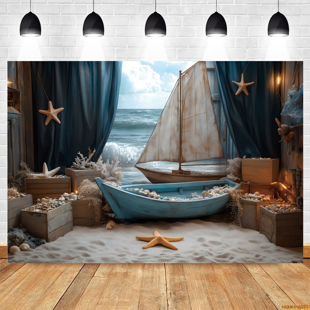 l Backdrop Sailboat Shells Star Baby Shower Kids Birthday Party r ...