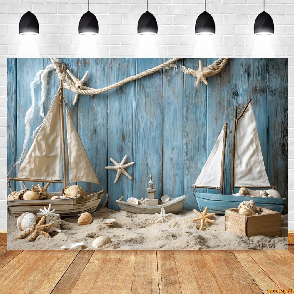 l Backdrop Sailboat Shells Star Baby Shower Kids Birthday Party r ...