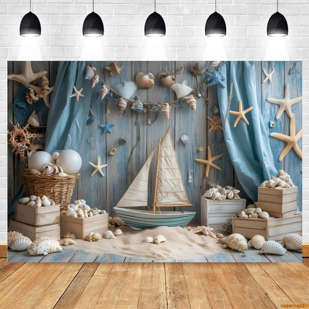 l Backdrop Sailboat Shells Star Baby Shower Kids Birthday Party r ...
