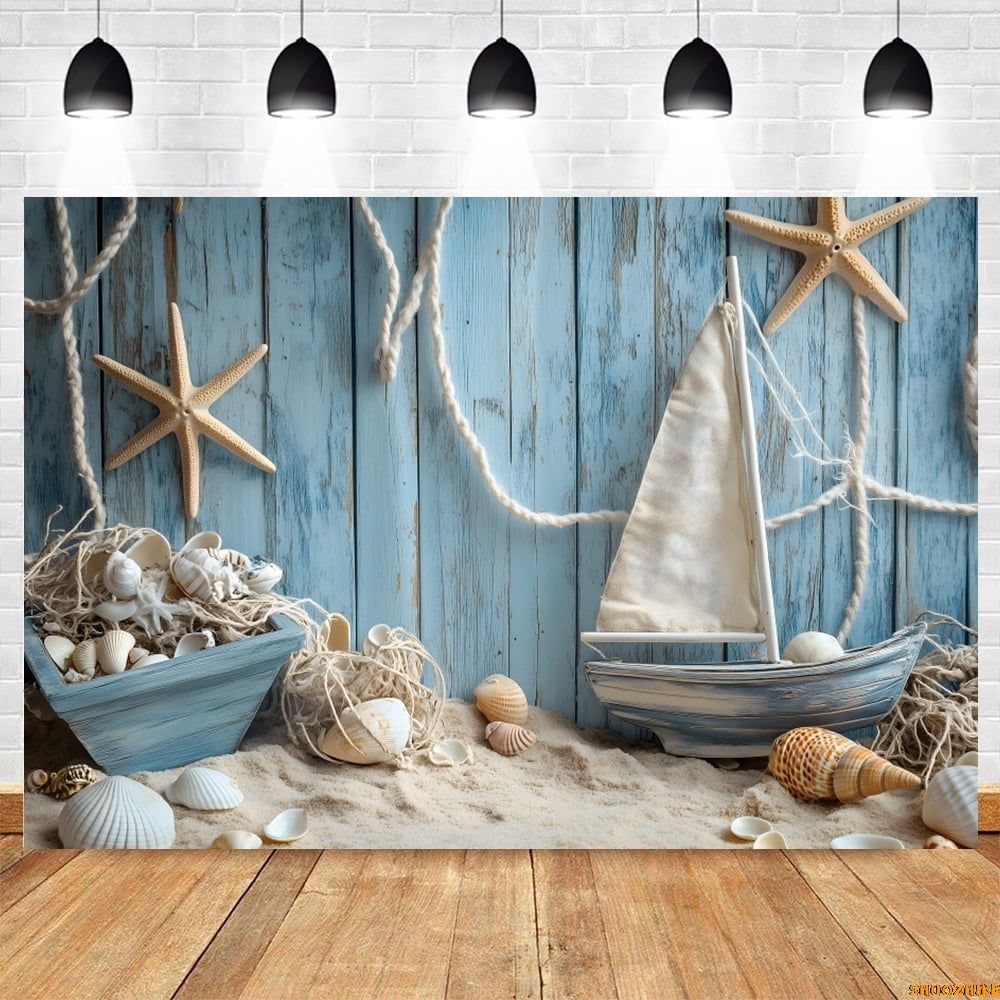 l Backdrop Sailboat Shells Star Baby Shower Kids Birthday Party r ...