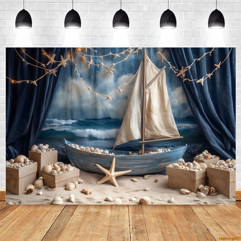 l Backdrop Sailboat Shells Star Baby Shower Kids Birthday Party r ...