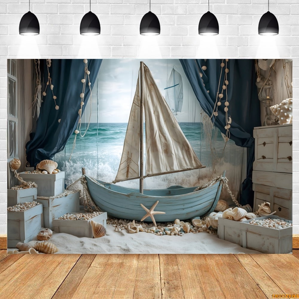 l Backdrop Sailboat Shells Star Baby Shower Kids Birthday Party r ...
