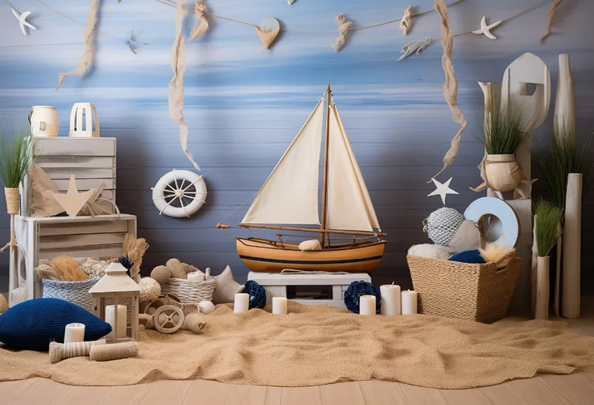 l Beach Boat Baby Boy 1st Birthday Party Cake Smash Portrait r Backdrop ...