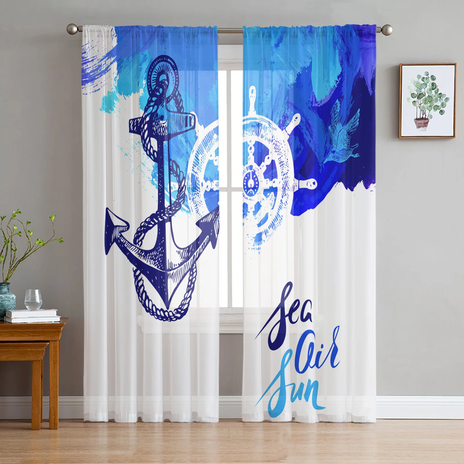 l Blue Anchor Rudder Boat Fish Lighthouse Tulle Sheer Window Curtains ...