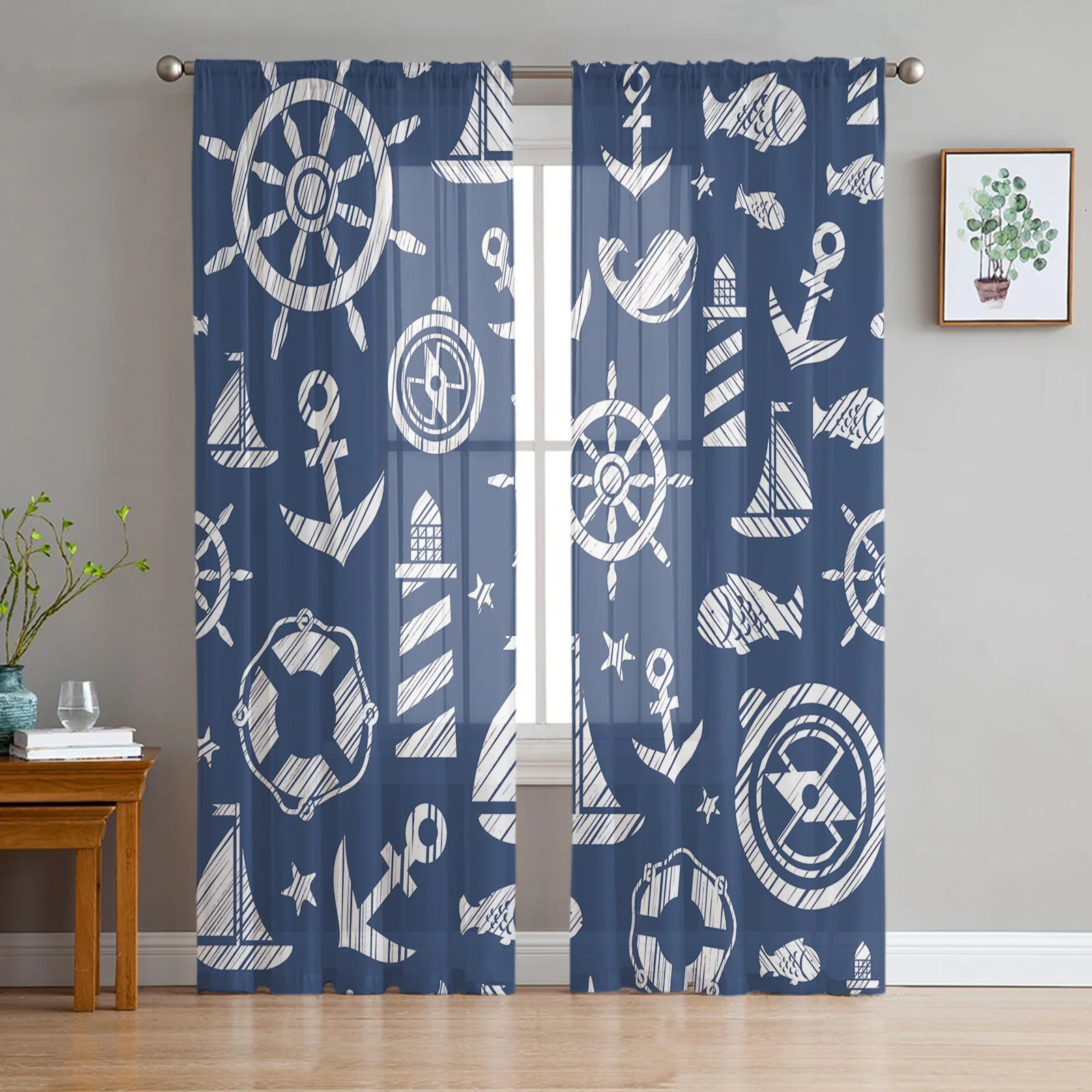 l Blue Anchor Rudder Boat Fish Lighthouse Tulle Sheer Window Curtains ...