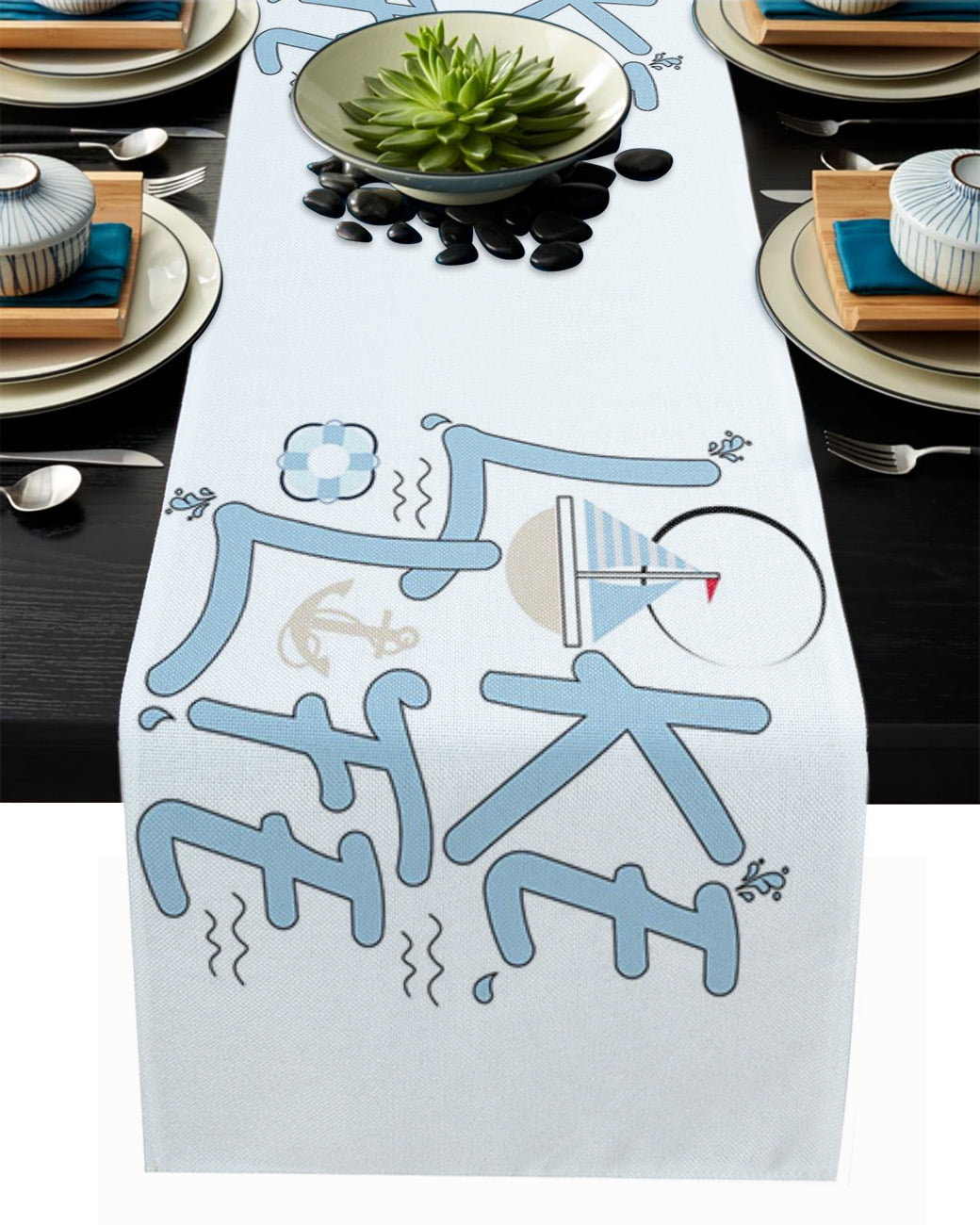 l Blue Anchor Rudder Boat Lighthouse Table Runner Wedding Party r Table ...