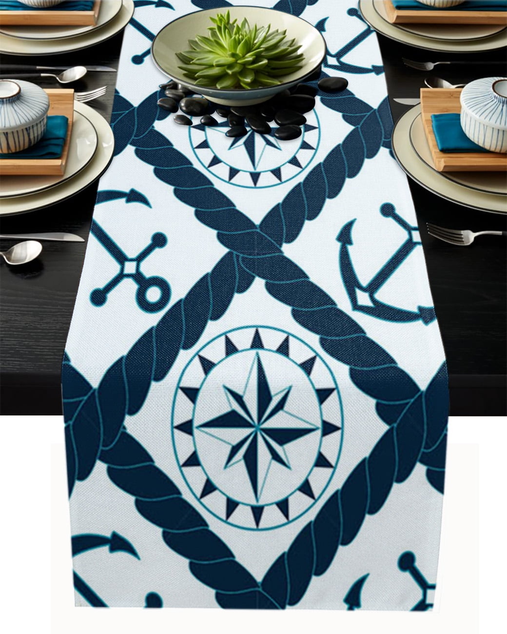 l Blue Anchor Rudder Boat Lighthouse Table Runner Wedding Party r Table ...