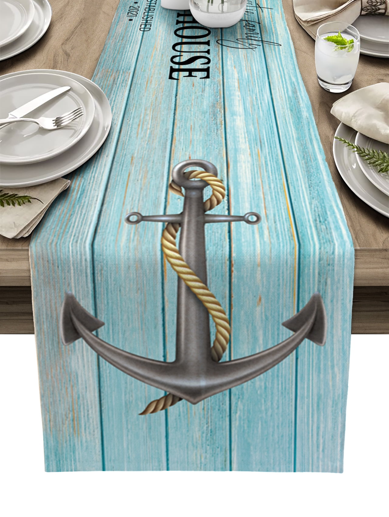 l Blue Anchor Rudder Boat Lighthouse Table Runner Wedding Party r Table ...