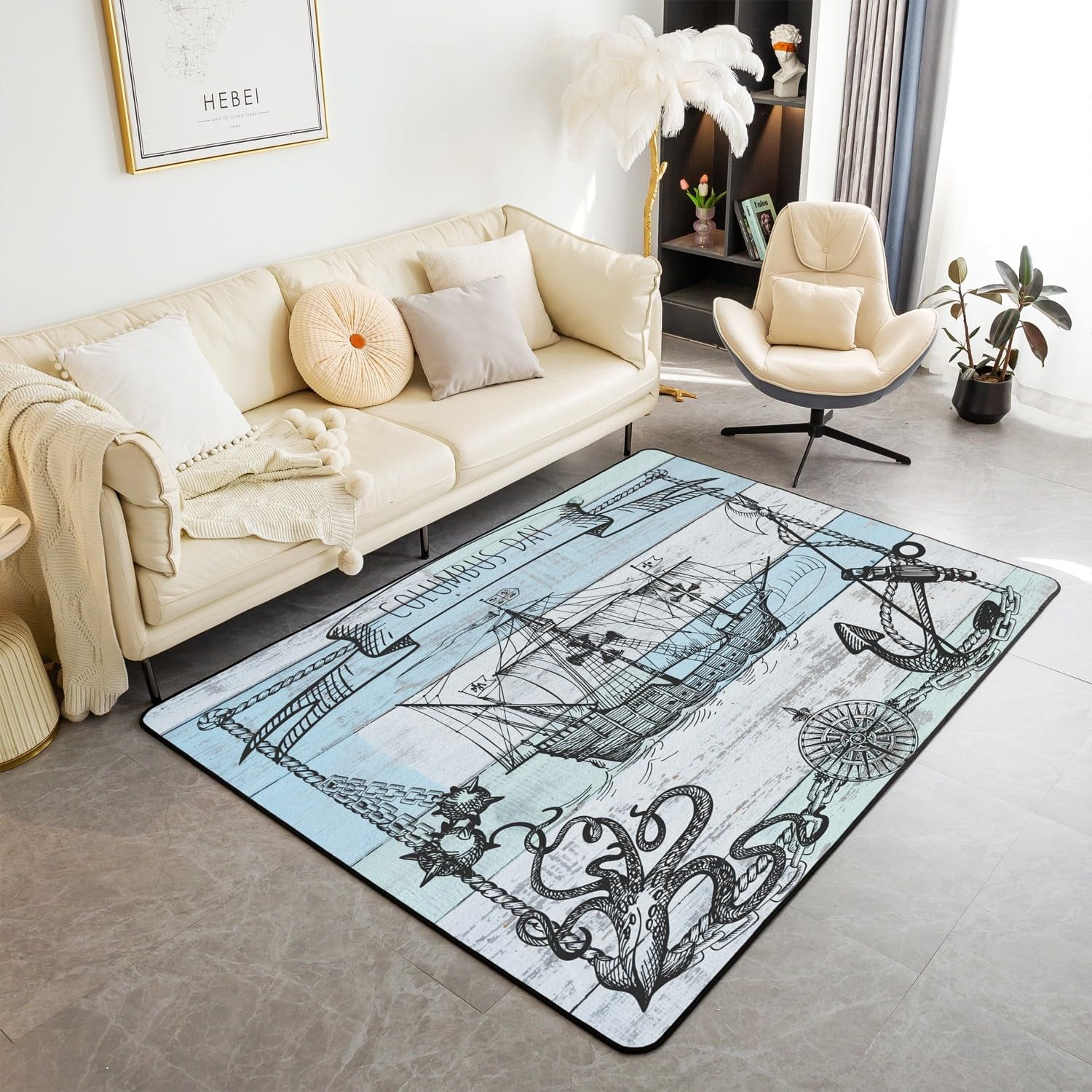 l Living Room Rug Sailboat Sketch Octopus Floor Mat Ocean Theme ...