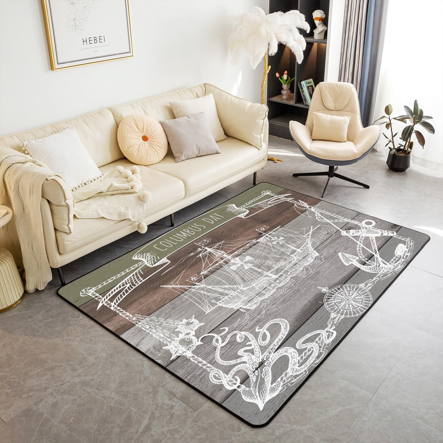 l Living Room Rug Sailboat Sketch Octopus Floor Mat Ocean Theme ...