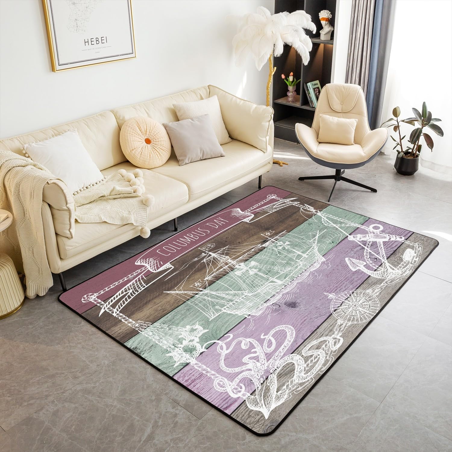 l Living Room Rug Sailboat Sketch Octopus Floor Mat Ocean Theme ...