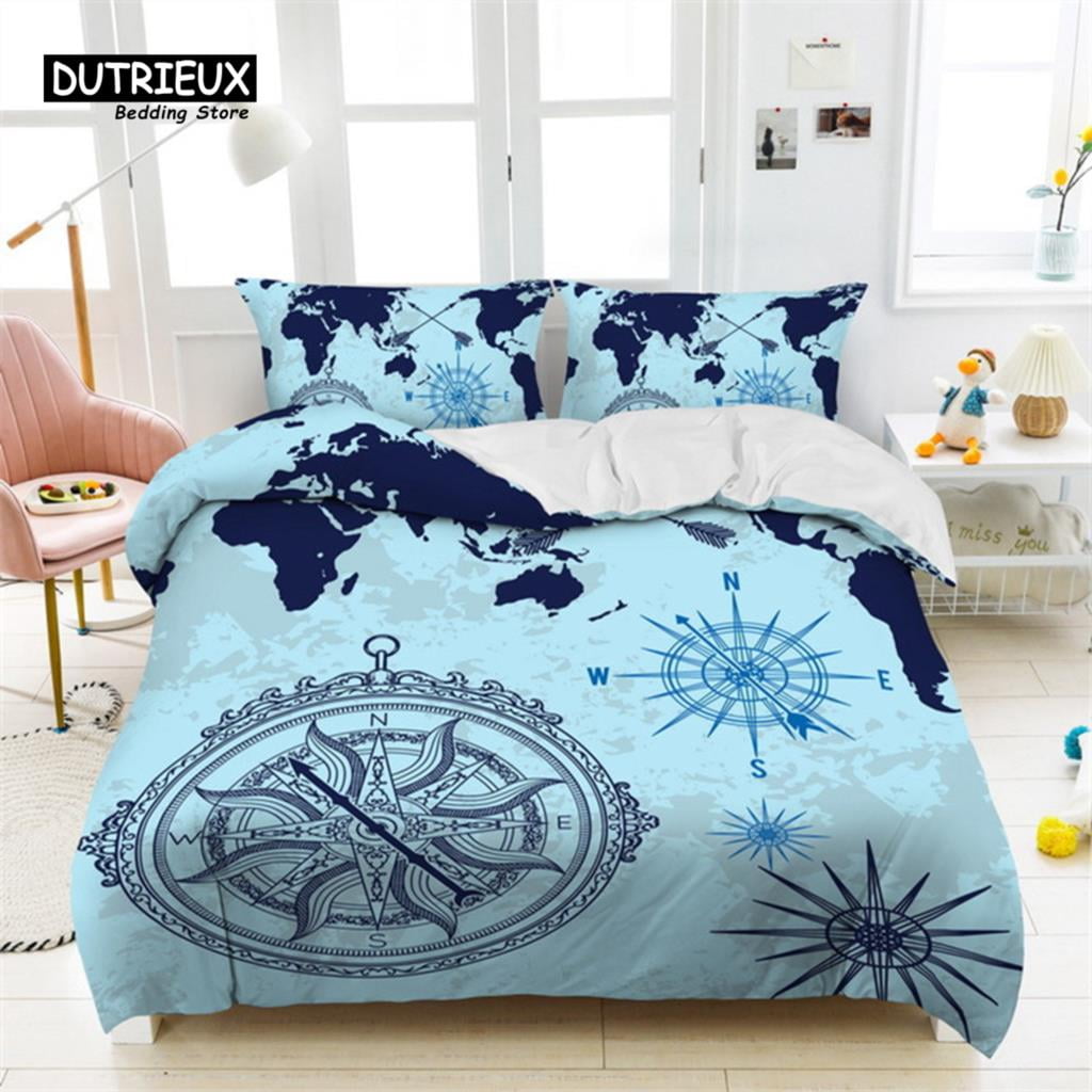 l Map Duvet Cover Compass Sailboat Print Bedding Set Microfiber Vintage ...