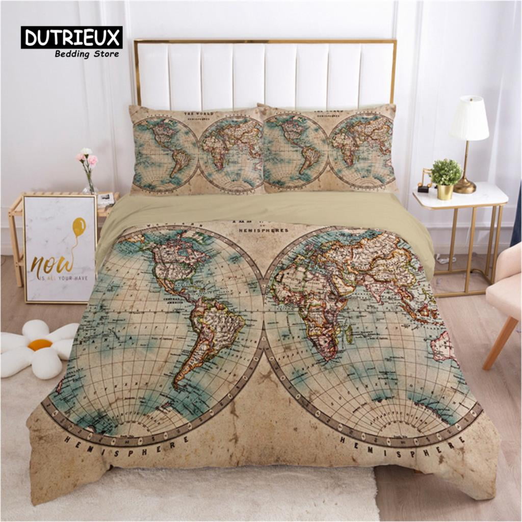 l Map Duvet Cover Compass Sailboat Print Bedding Set Microfiber Vintage ...