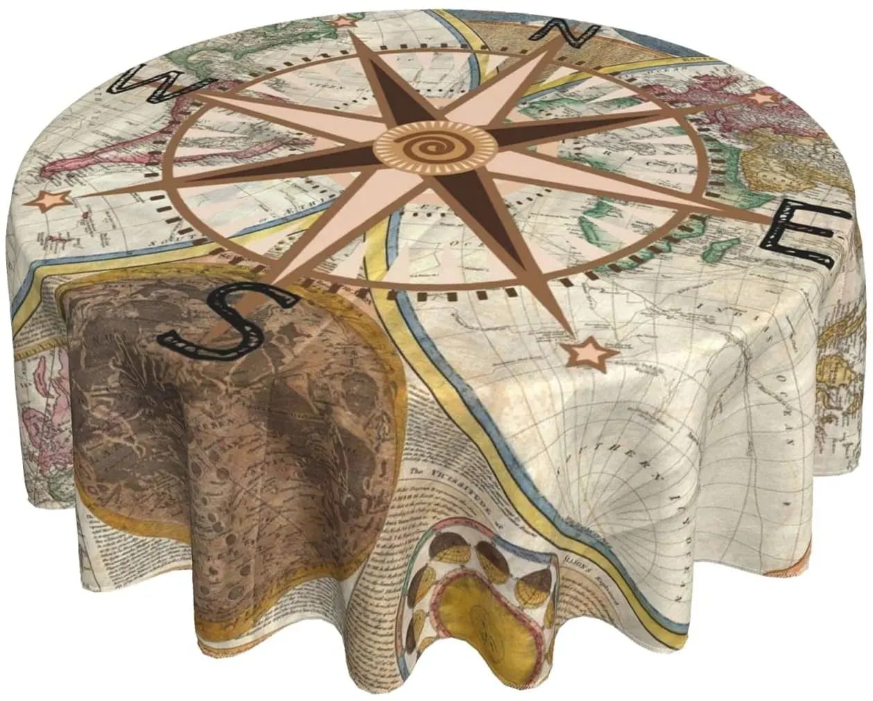 l Map World Compass Rose Travel Round Tablecloth 60h Fabric Dining ...