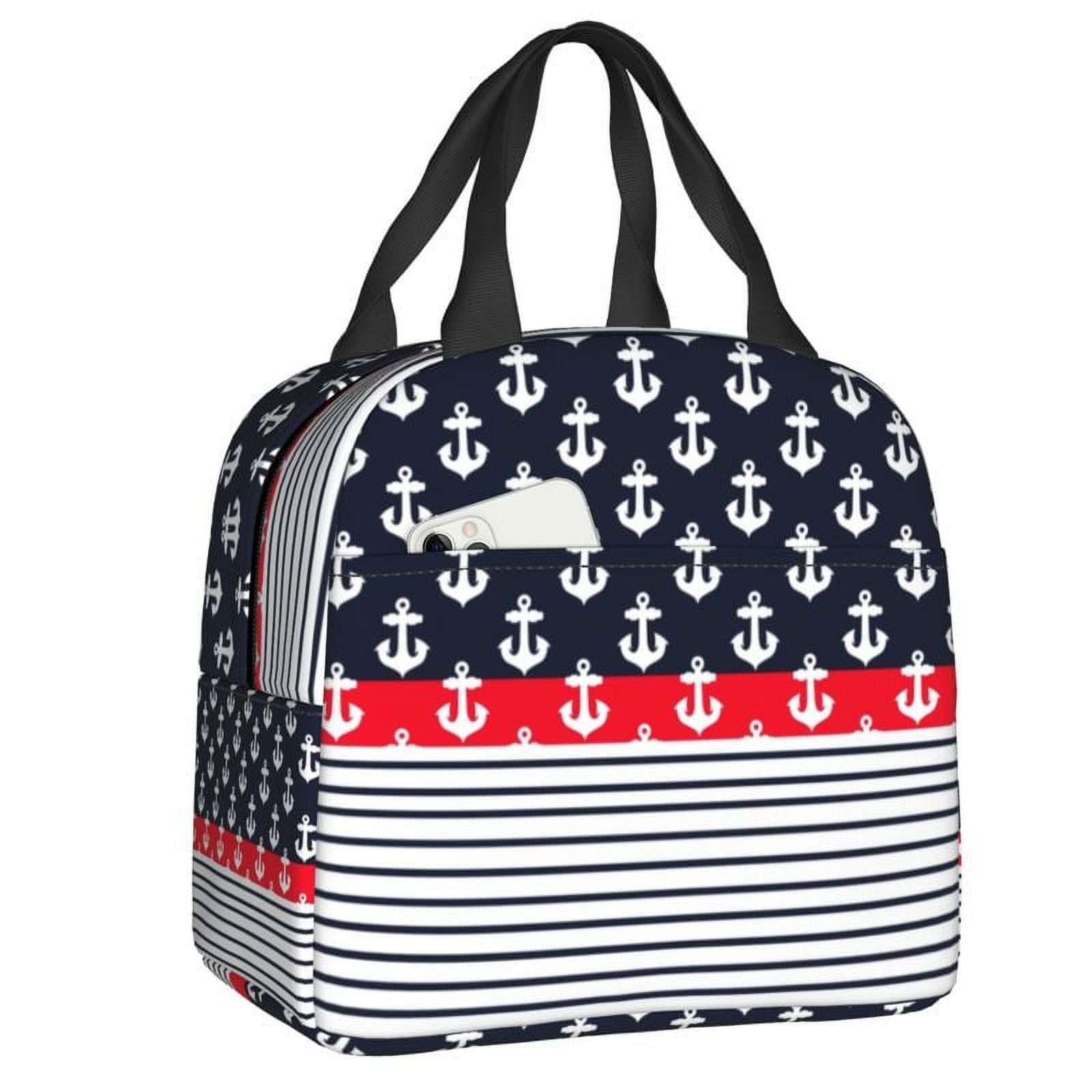 l Navy Blue Anchor With Stripes Insulated Lunch Bag Leakproof Sailing ...