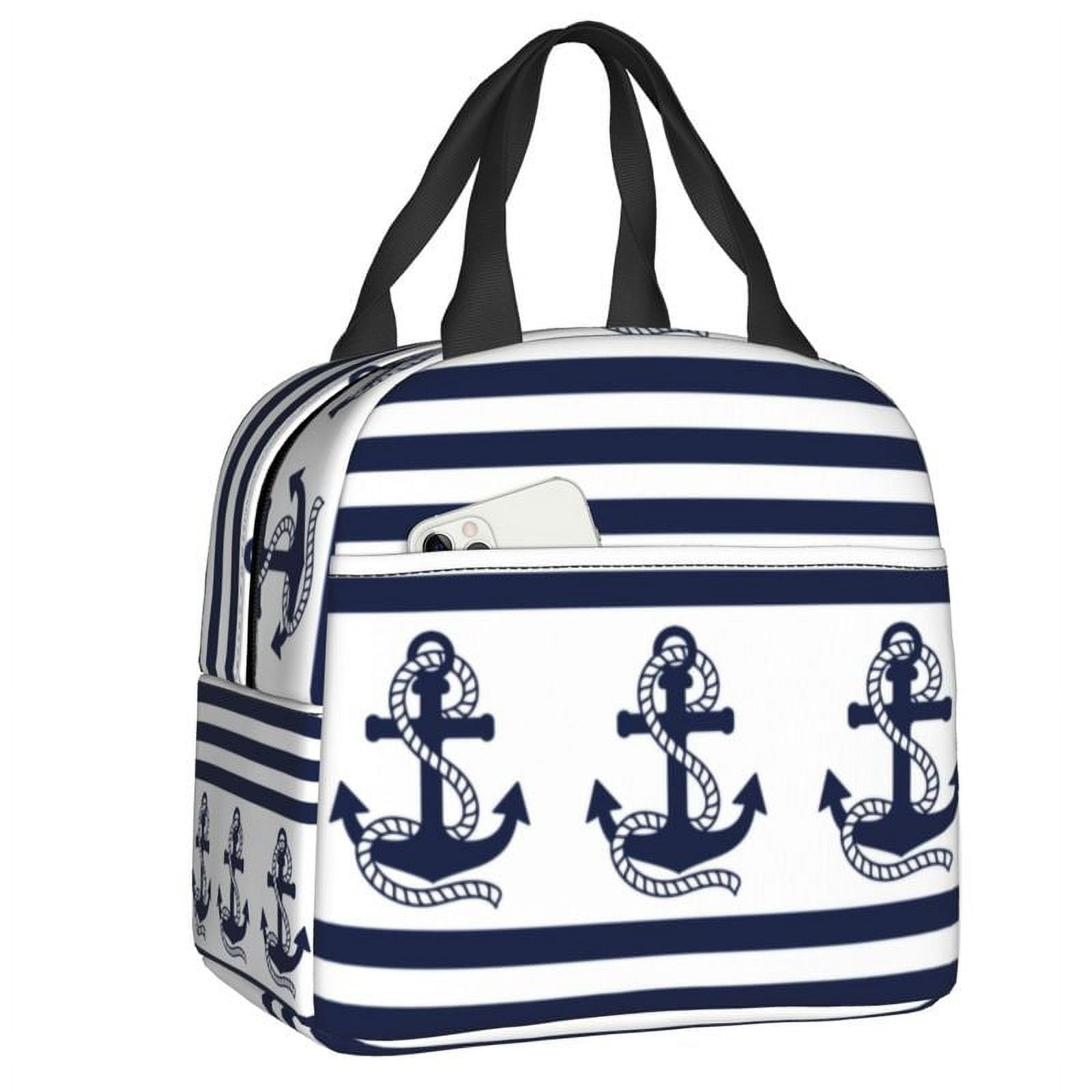 l Navy Blue Anchor With Stripes Insulated Lunch Bag Leakproof Sailing ...