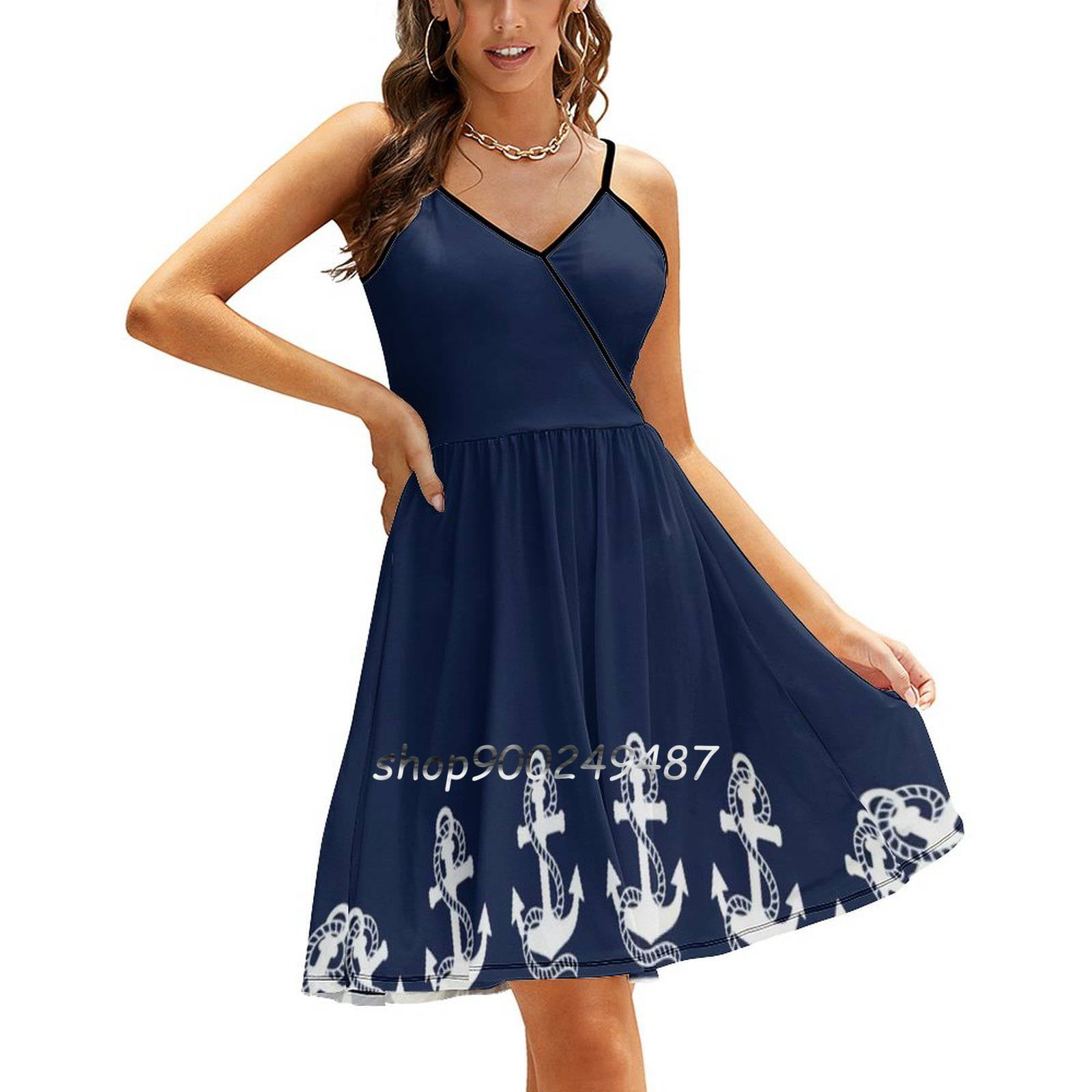 l Navy Blue Stripes And White Anchor Square Neck Dress Sweet Summer Dress Women Elegant Halter ...