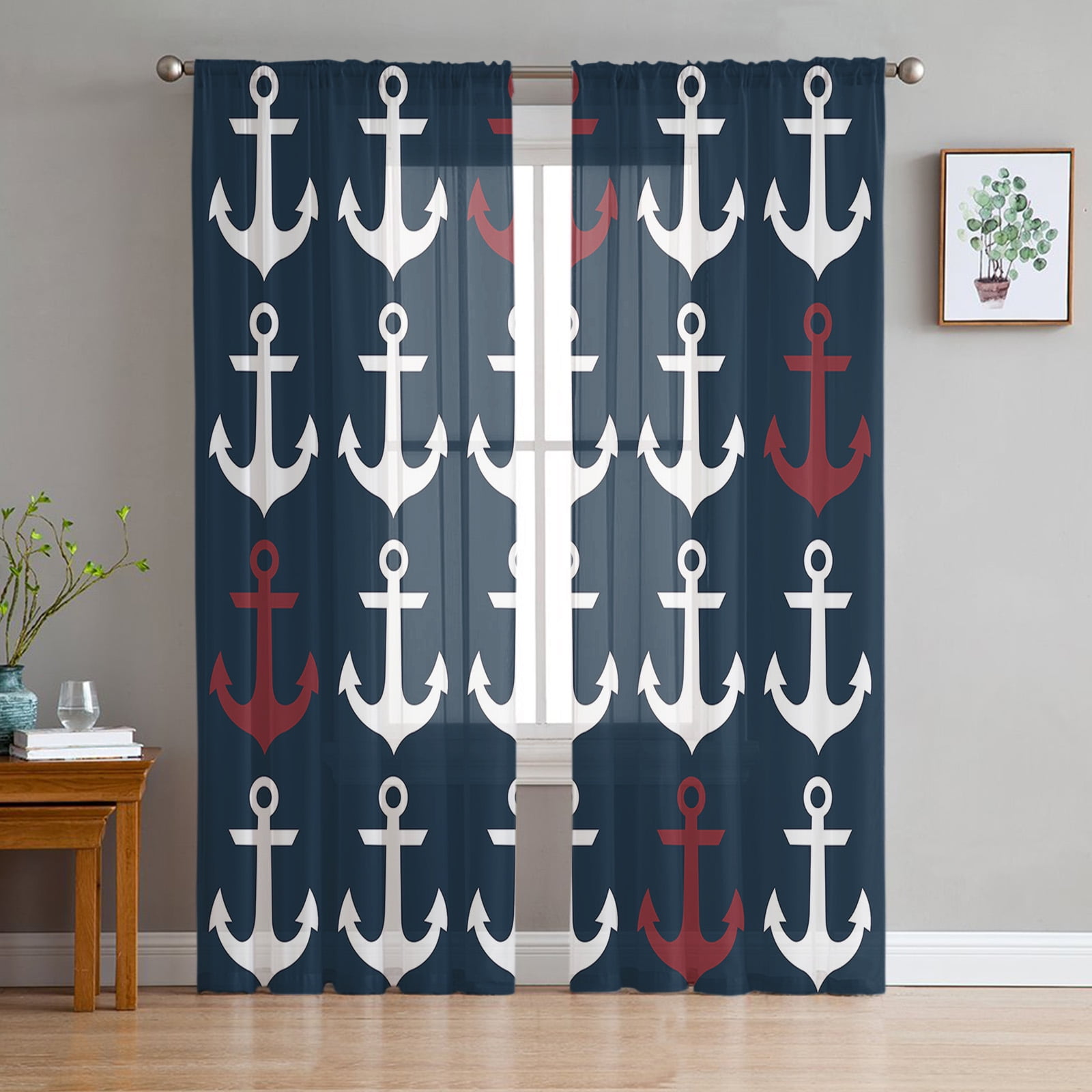 l Ocean Anchor Dark Blue Sheer Curtains for Living Room ration Window ...