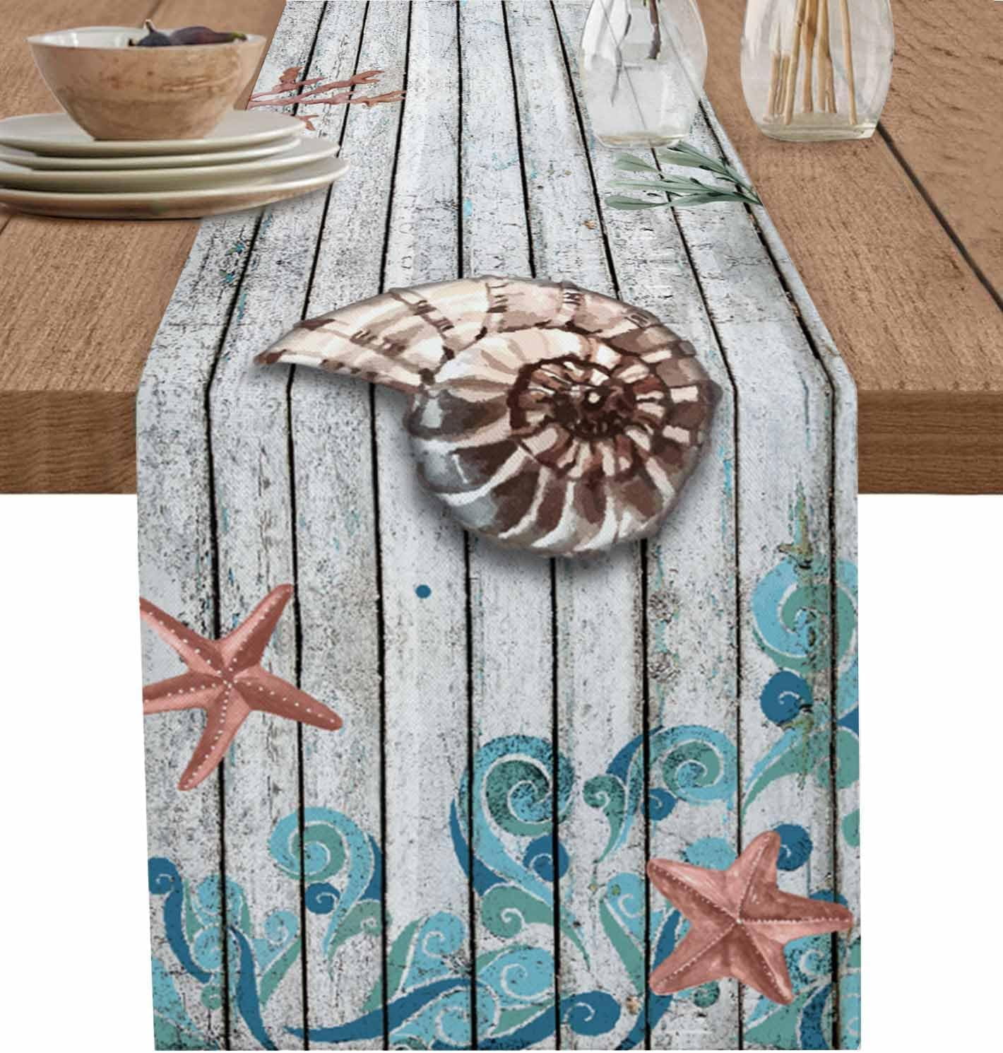 l Ocean Theme Linen Table Runners Coastal Conch Star Wood Grain Dining ...