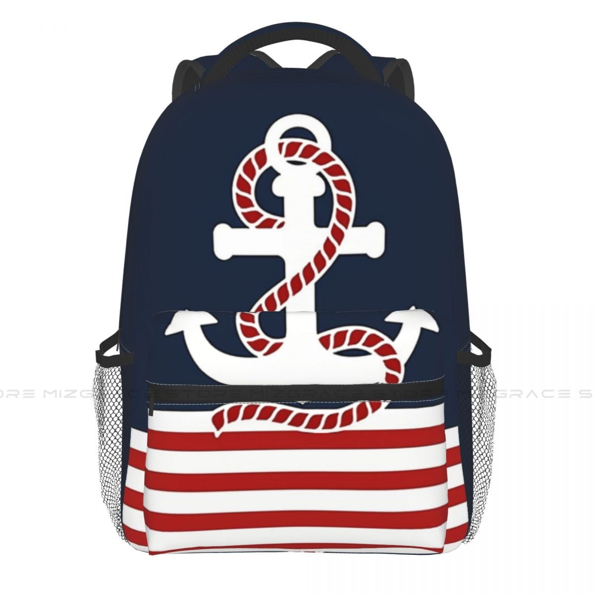 l Red White Stripes And Red Anchor On Blue Background Casual Knapsack ...