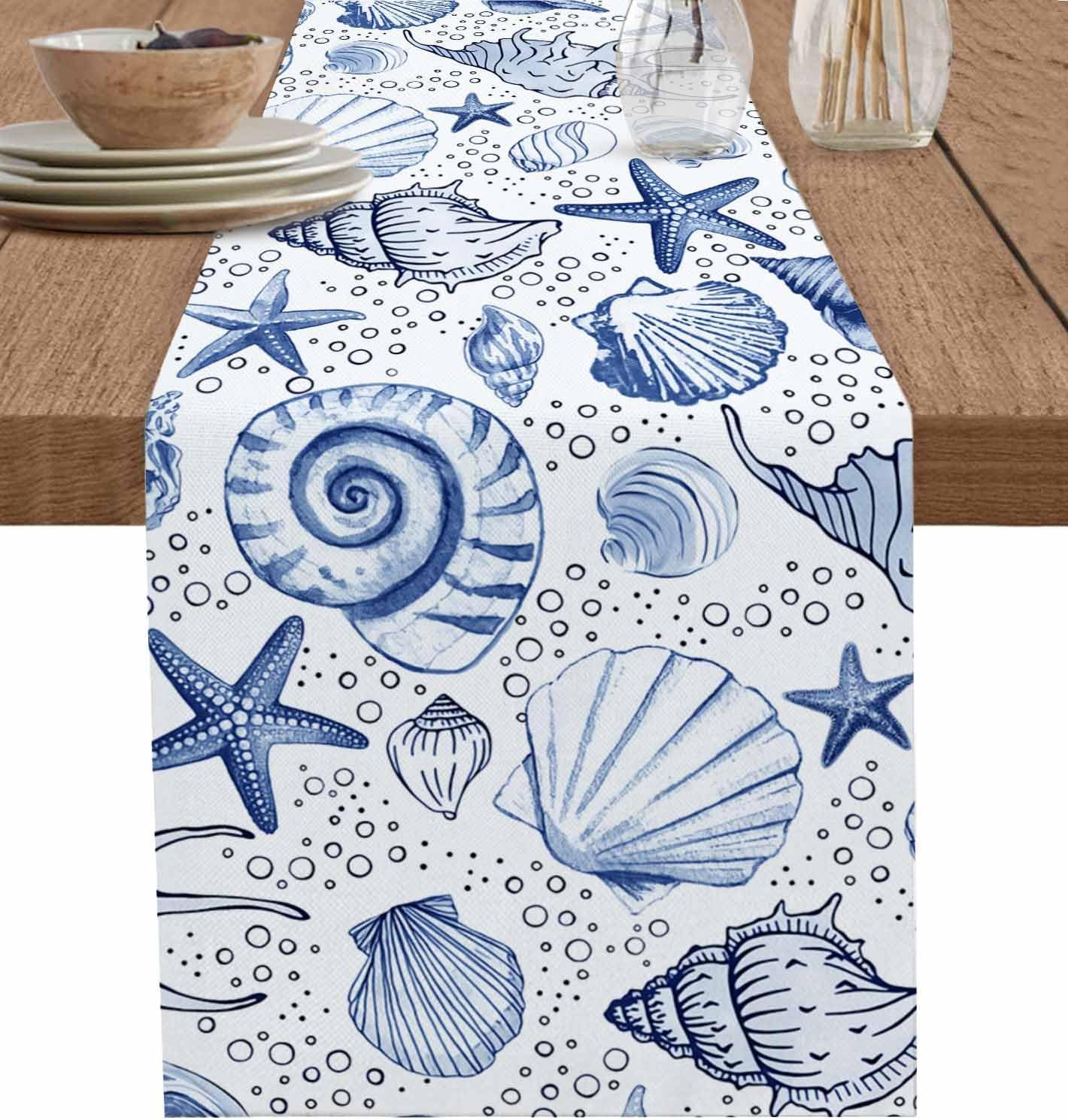 l Seashell Coastal Ocean Linen Table Runner Dresser Scarves Farmhouse ...