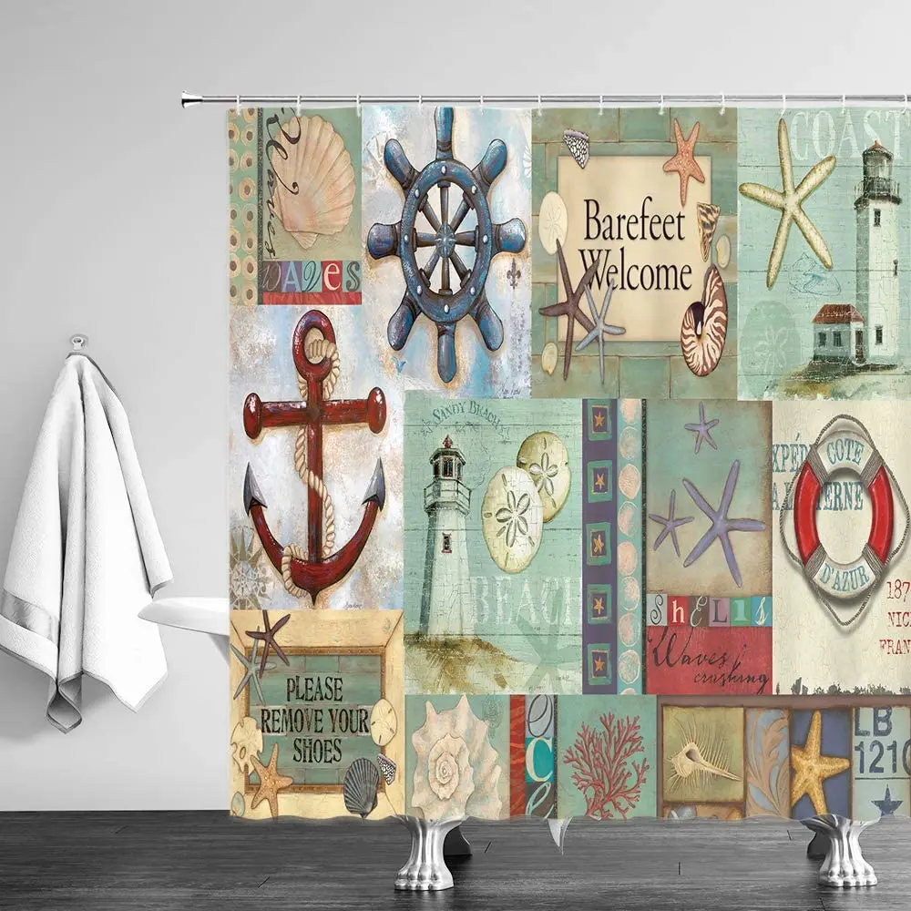 l Shower Curtain Anchor Star Lighthouse Rudder Lifebuoy Shell Coral ...