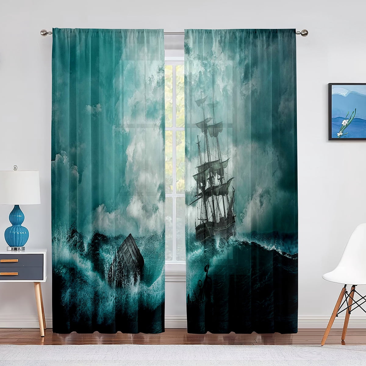 l Theme Sheer Voile Curtain Pirate Ship Fantasy Ocean Sea Window Tulle ...