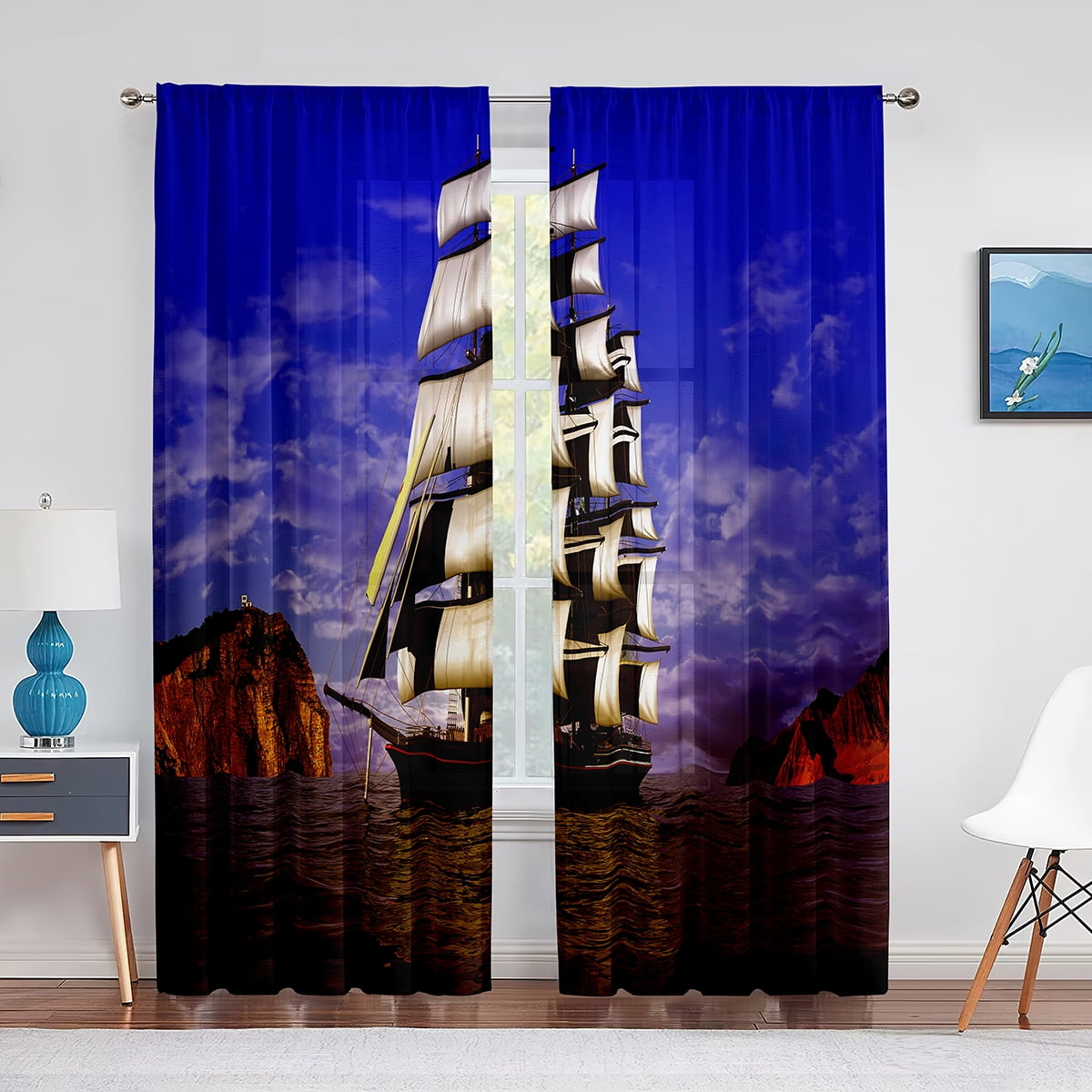 l Theme Sheer Voile Curtain Pirate Ship Fantasy Ocean Sea Window Tulle ...