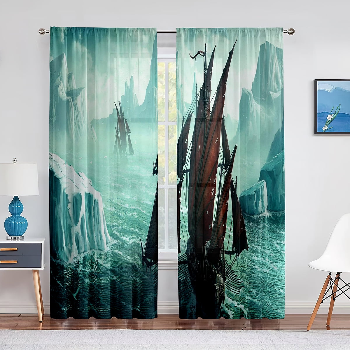 l Theme Sheer Voile Curtain Pirate Ship Fantasy Ocean Sea Window Tulle ...