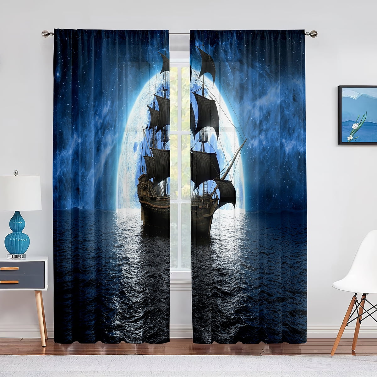 l Theme Sheer Voile Curtain Pirate Ship Fantasy Ocean Sea Window Tulle ...