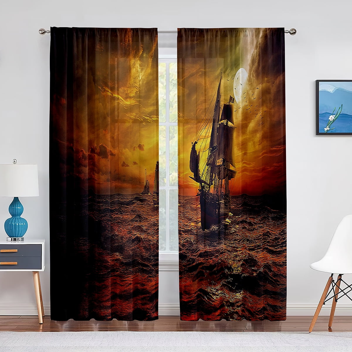 l Theme Sheer Voile Curtain Pirate Ship Fantasy Ocean Sea Window Tulle ...
