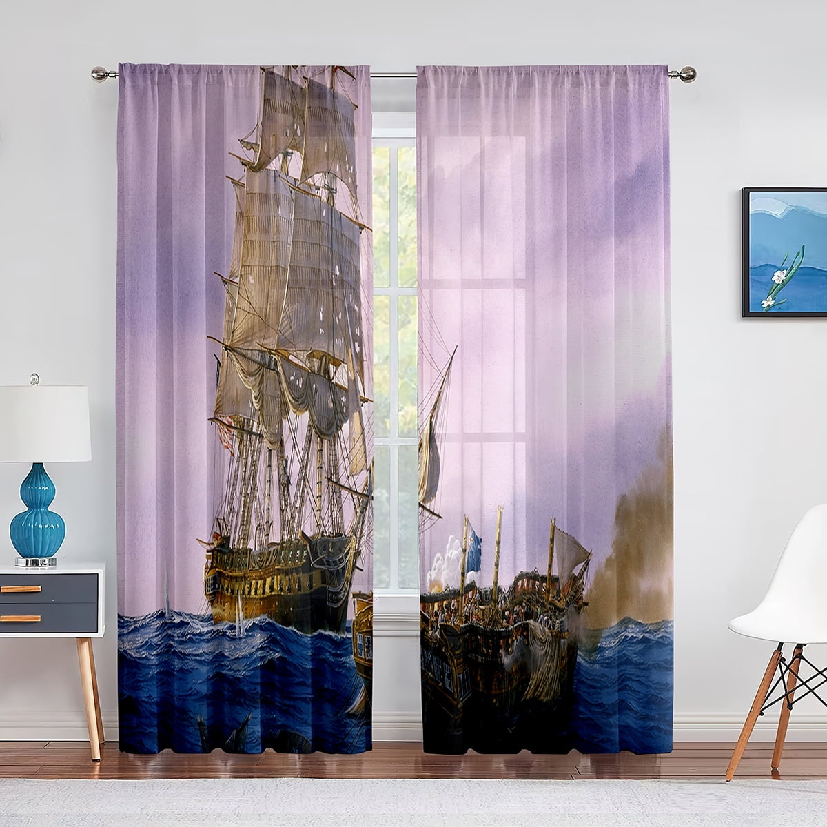 l Theme Sheer Voile Curtain Pirate Ship Fantasy Ocean Sea Window Tulle ...