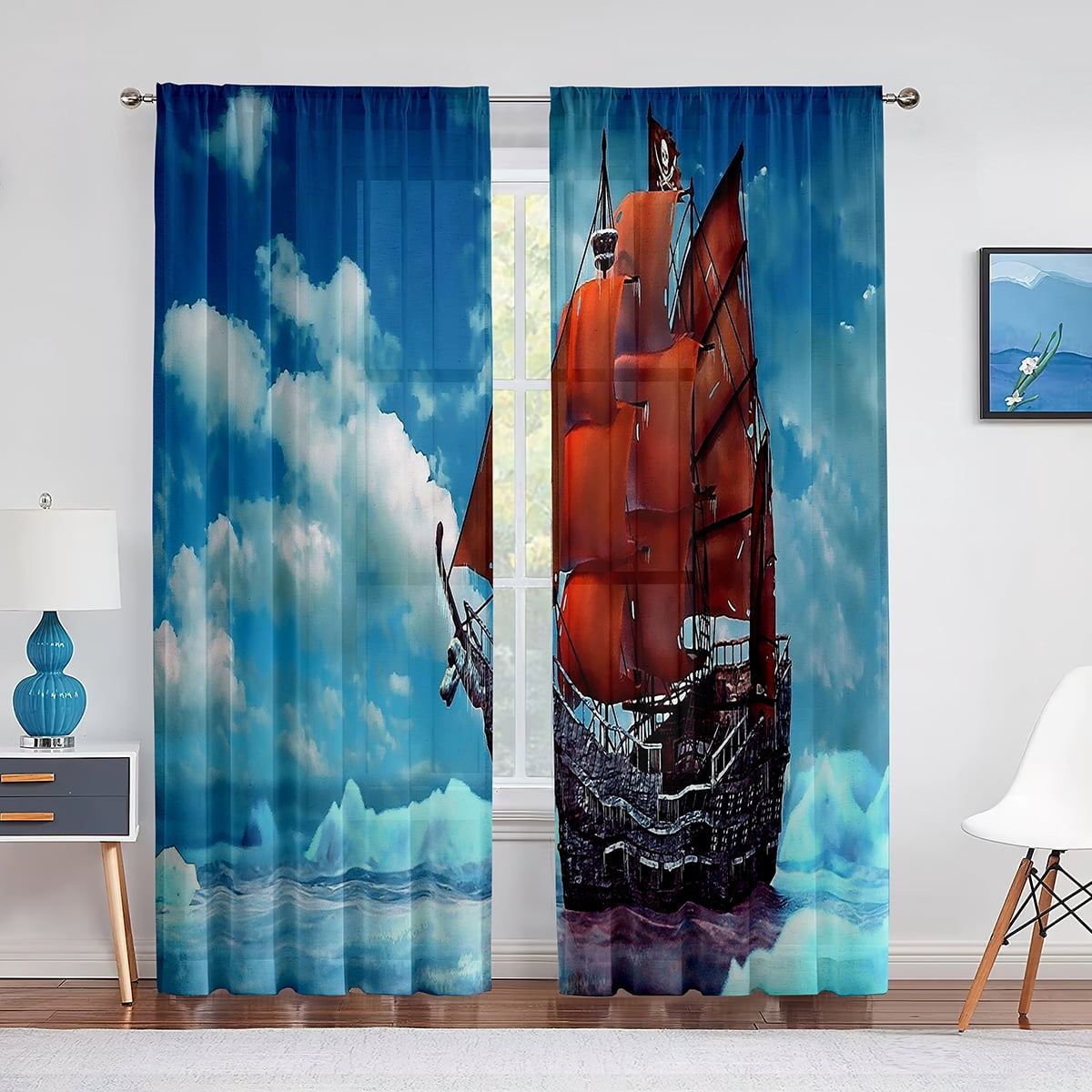 l Theme Sheer Voile Curtain Pirate Ship Fantasy Ocean Sea Window Tulle ...