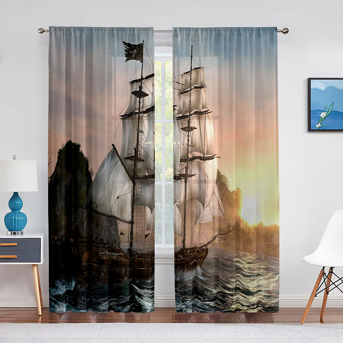 l Theme Sheer Voile Curtain Pirate Ship Fantasy Ocean Sea Window Tulle ...