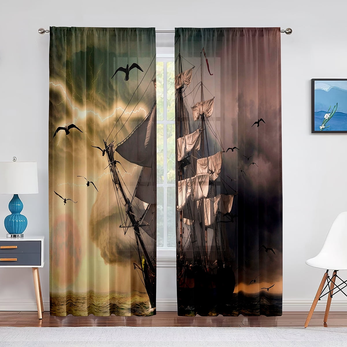 l Theme Sheer Voile Curtain Pirate Ship Fantasy Ocean Sea Window Tulle ...