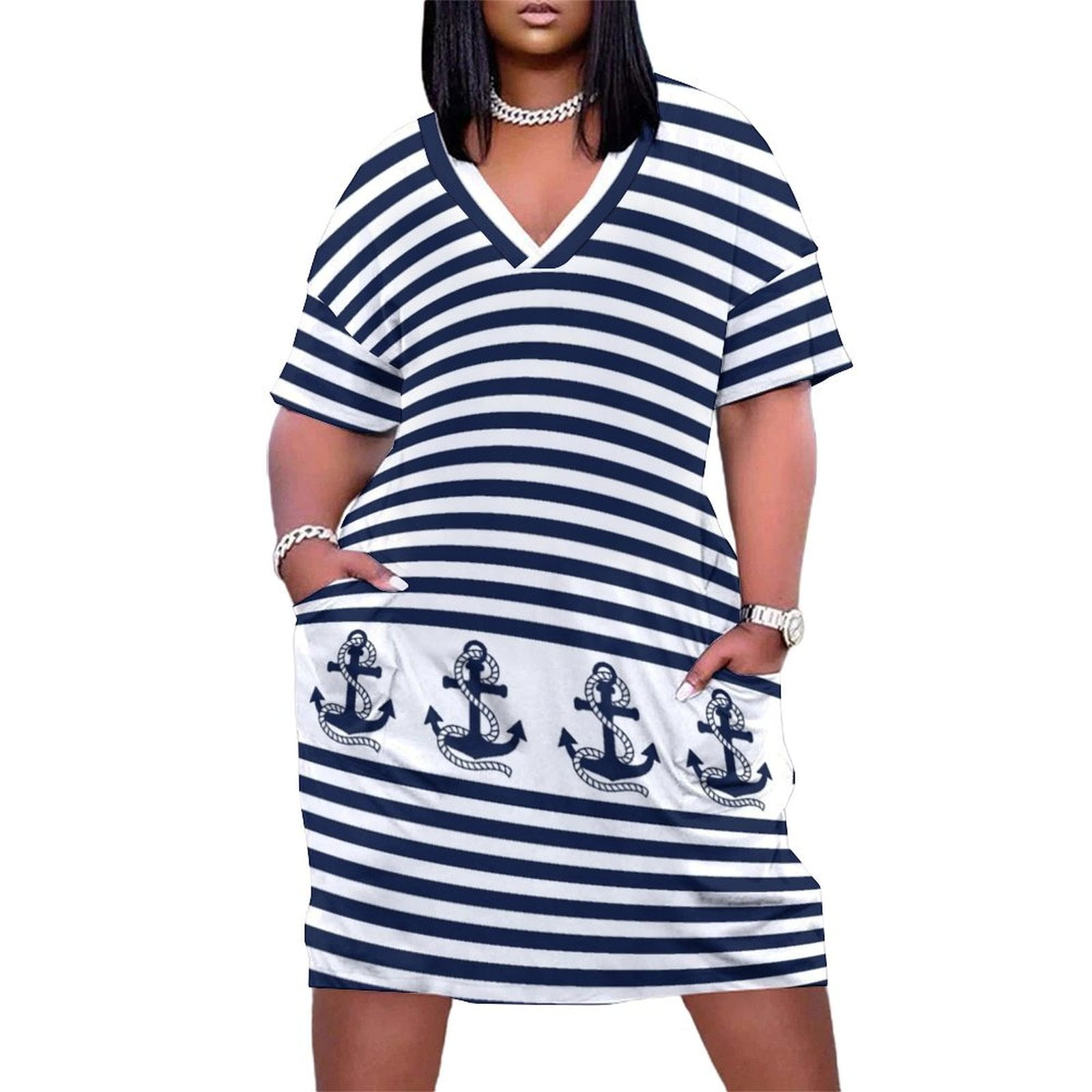 l blue and white stripes with navy blue anchor Loose Pocket Dress dress summer 2025 women prom ...