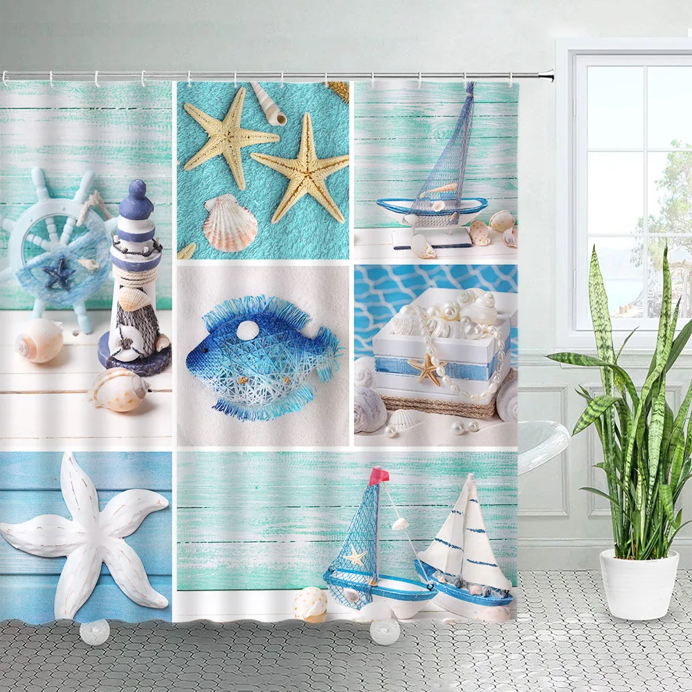 l r Shower Curtain Extra Long Coastal Sea Shell Fishing Net Lighthouse ...
