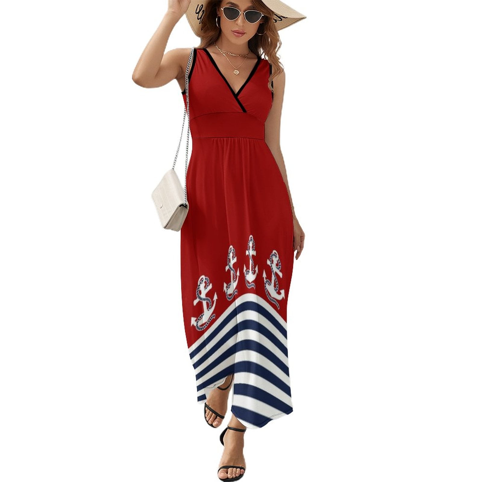 l red white stripes and blue anchors on red background Sleeveless Dress ...