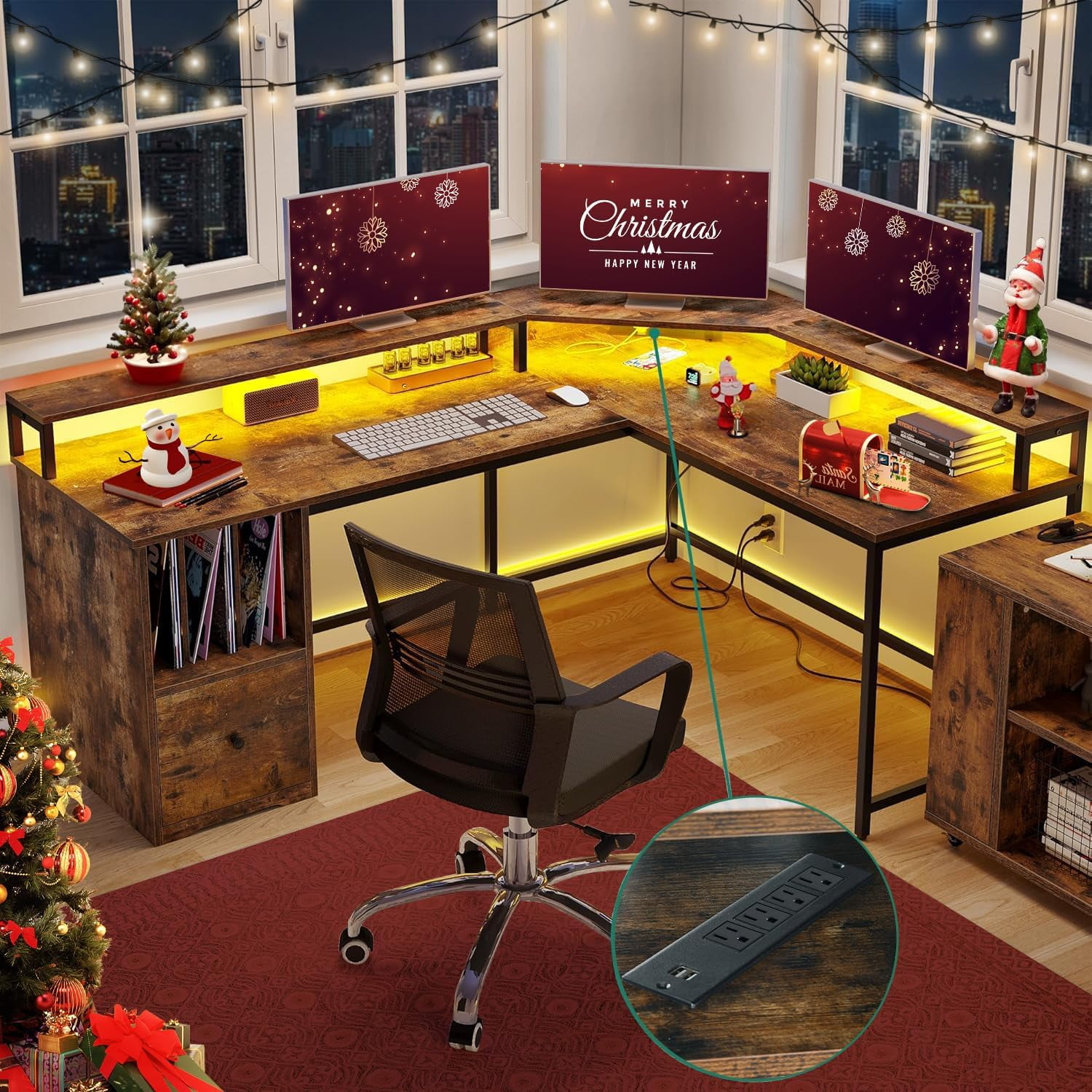 **l shaped desk with power outlets & led lights, 67" computer desk with file drawer, corner desk ...