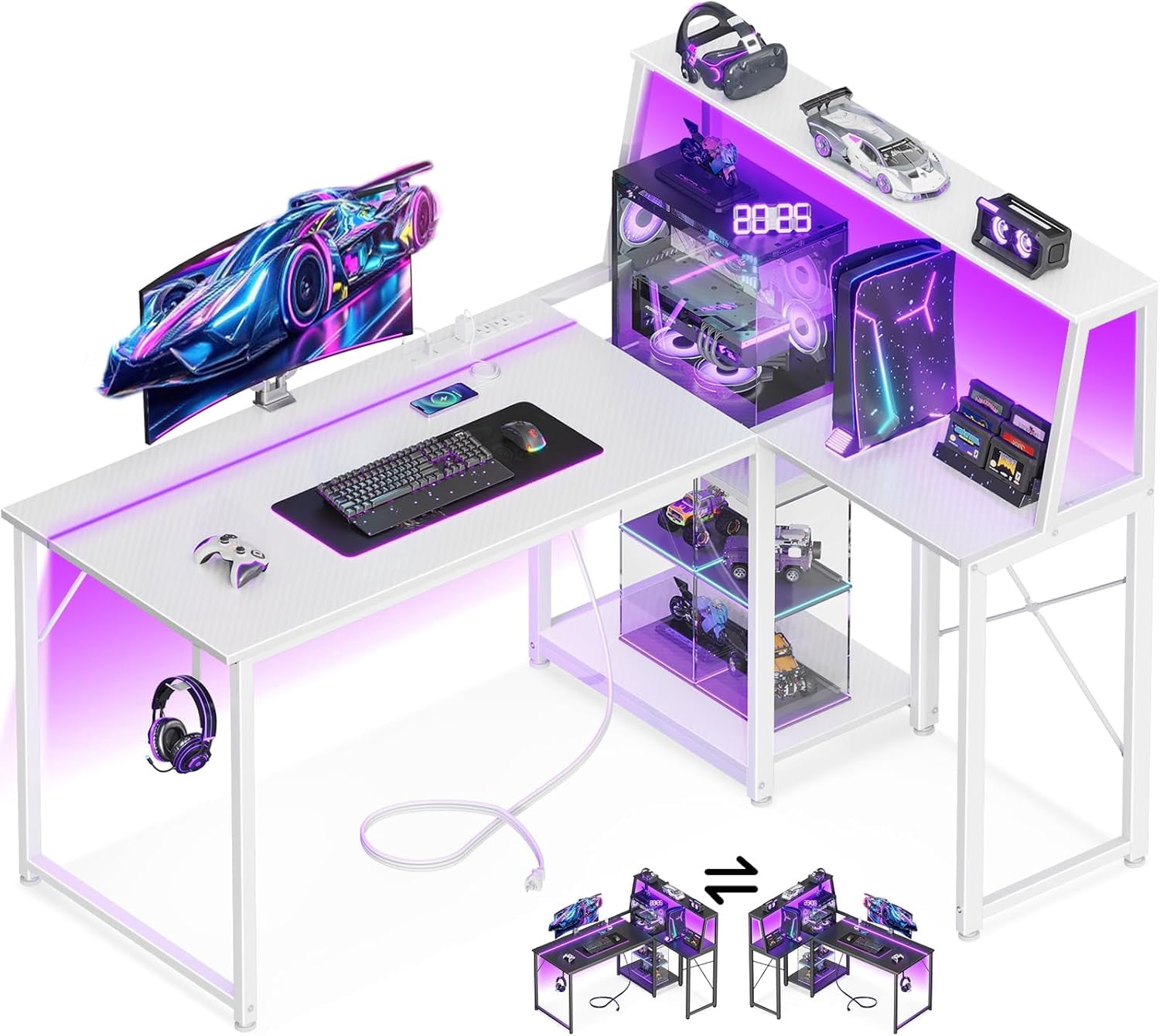 **l shaped gaming desk with power outlet, computer desk with led lights ...