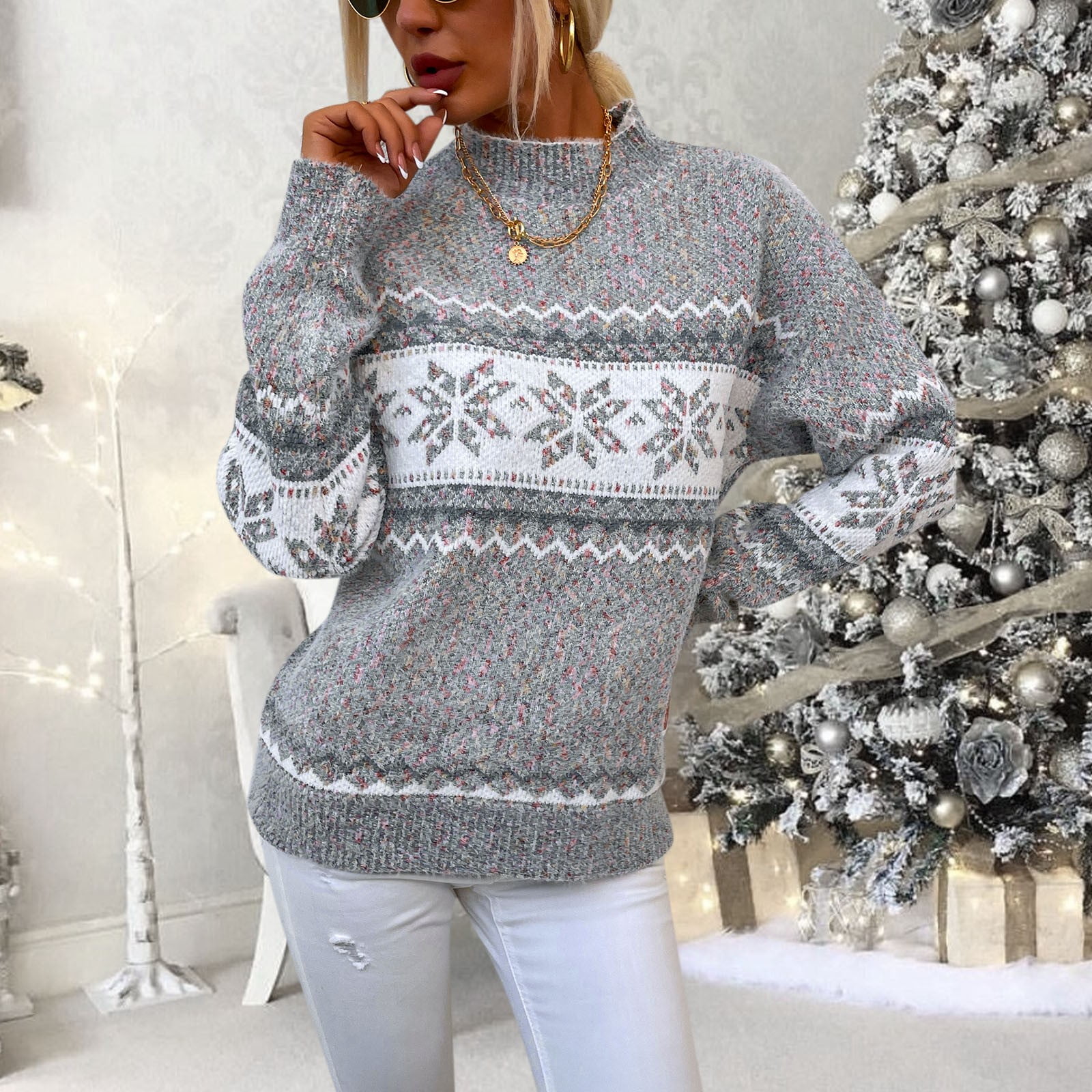 Lisingtool Women's Long Winter Fall Christmas Snowflake Turtleneck ...