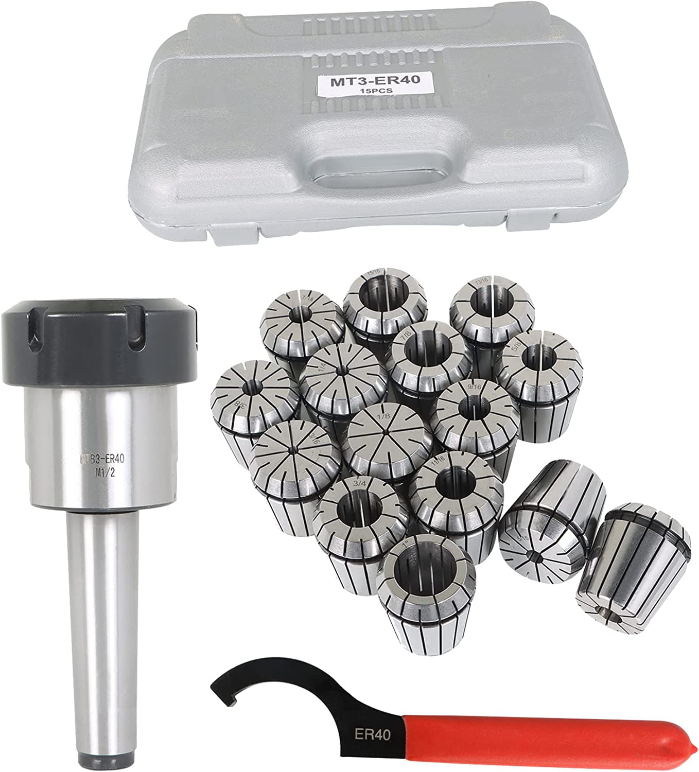 labwork ER-40 MT3 Spring Collet Chuck Set with 15Pcs ER40 1/8 Inch-1 ...