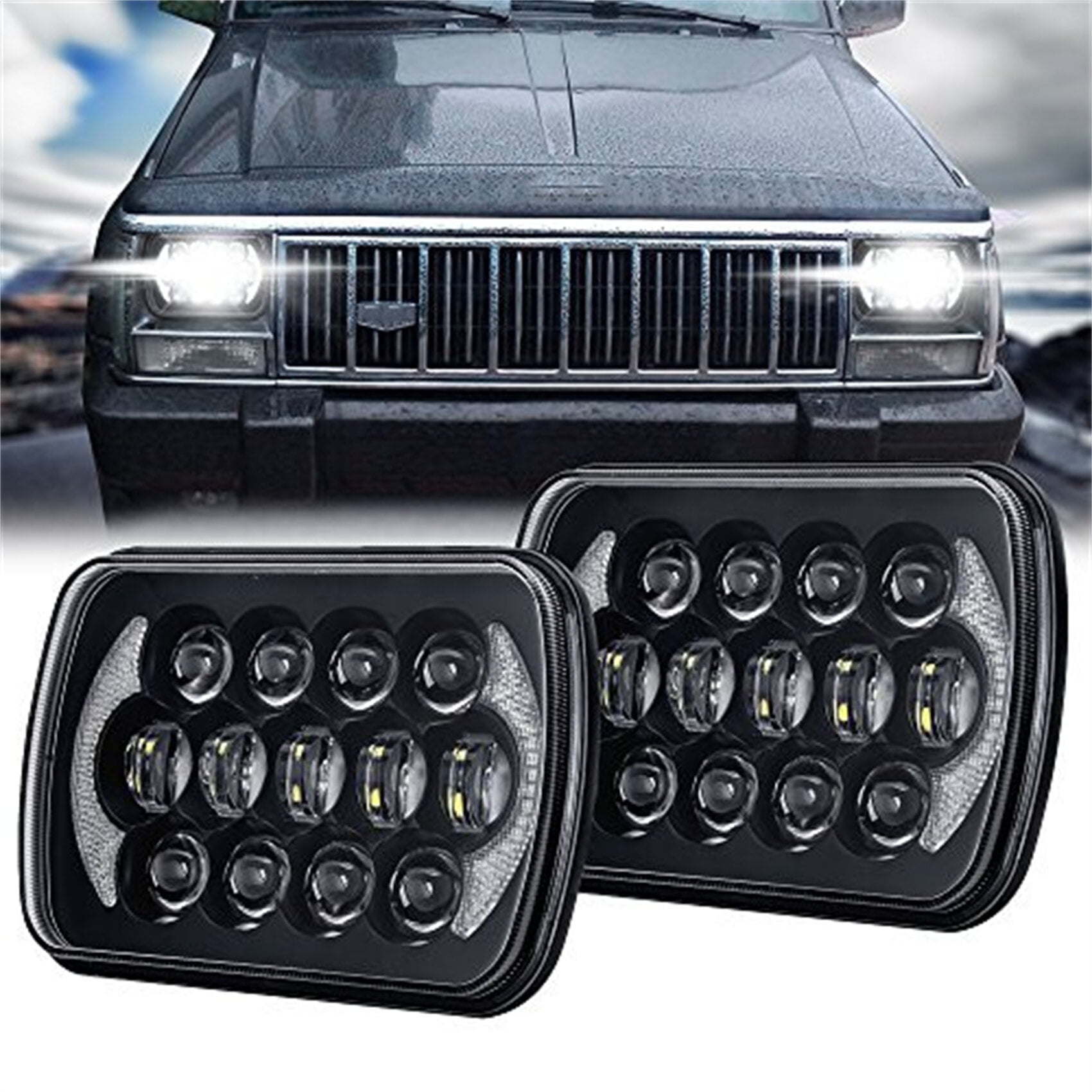 labwork LED Headlight Beam Halo DRL For Jeep Wrangler Cherokee Pair 5X7 ...