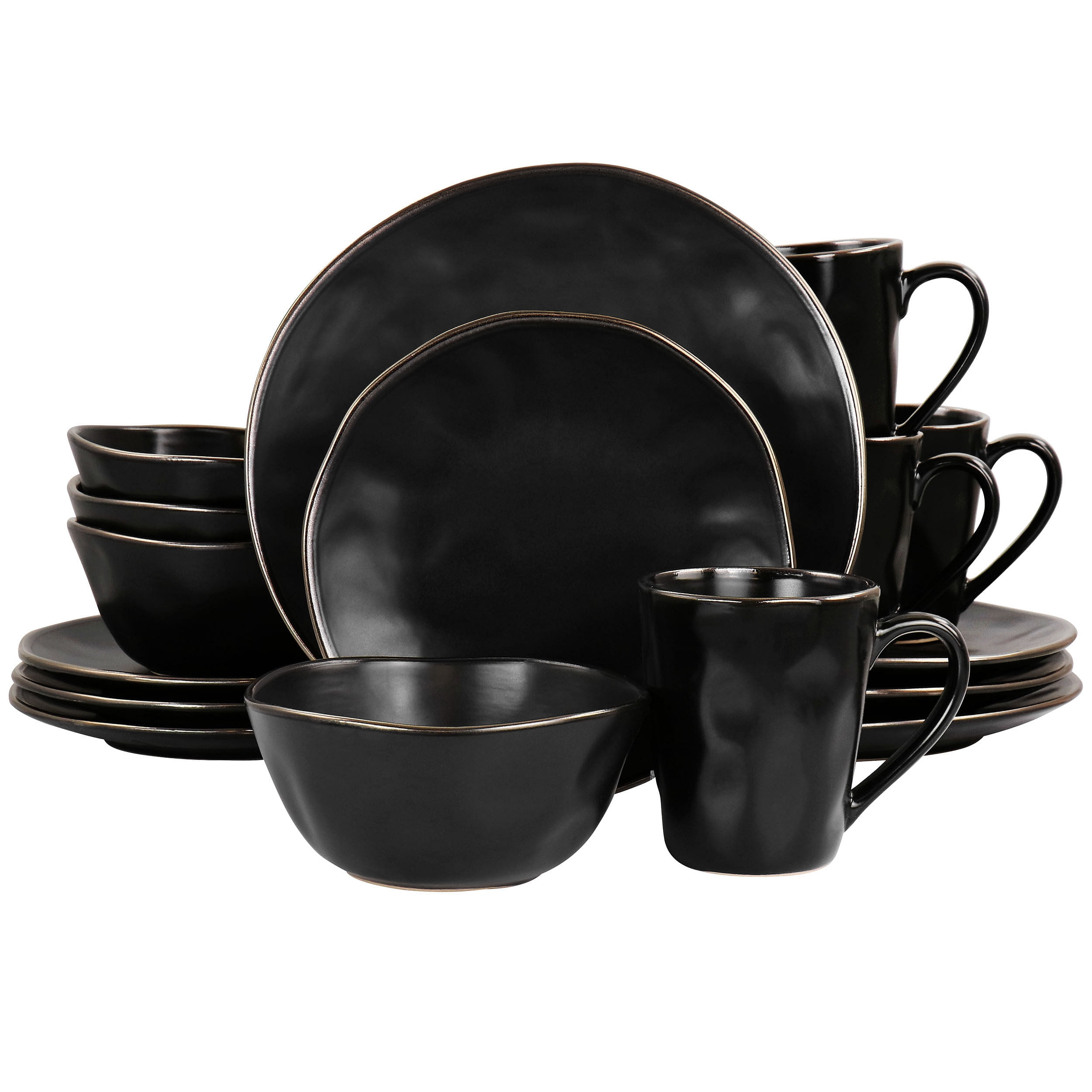 Elama Modern 16 Piece Stoneware Dinnerware Set in Matte Black with Gold ...