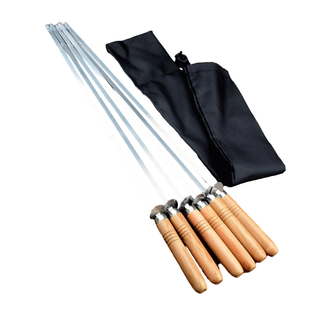 lanema 6Pieces/set Wood Handles Flat Metal Kebab Skewers Stick Easy to ...