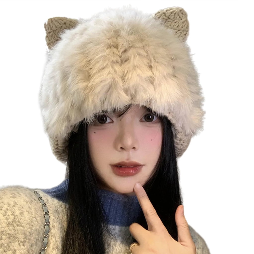 lanema Knitted Caps Winter Warm Hat Furry Plush Cats Ear Caps Outdoor ...