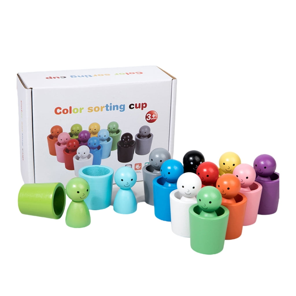 lanema Wooden Color Sorting Cups Peg Dolls Educational Toy for Toddler ...