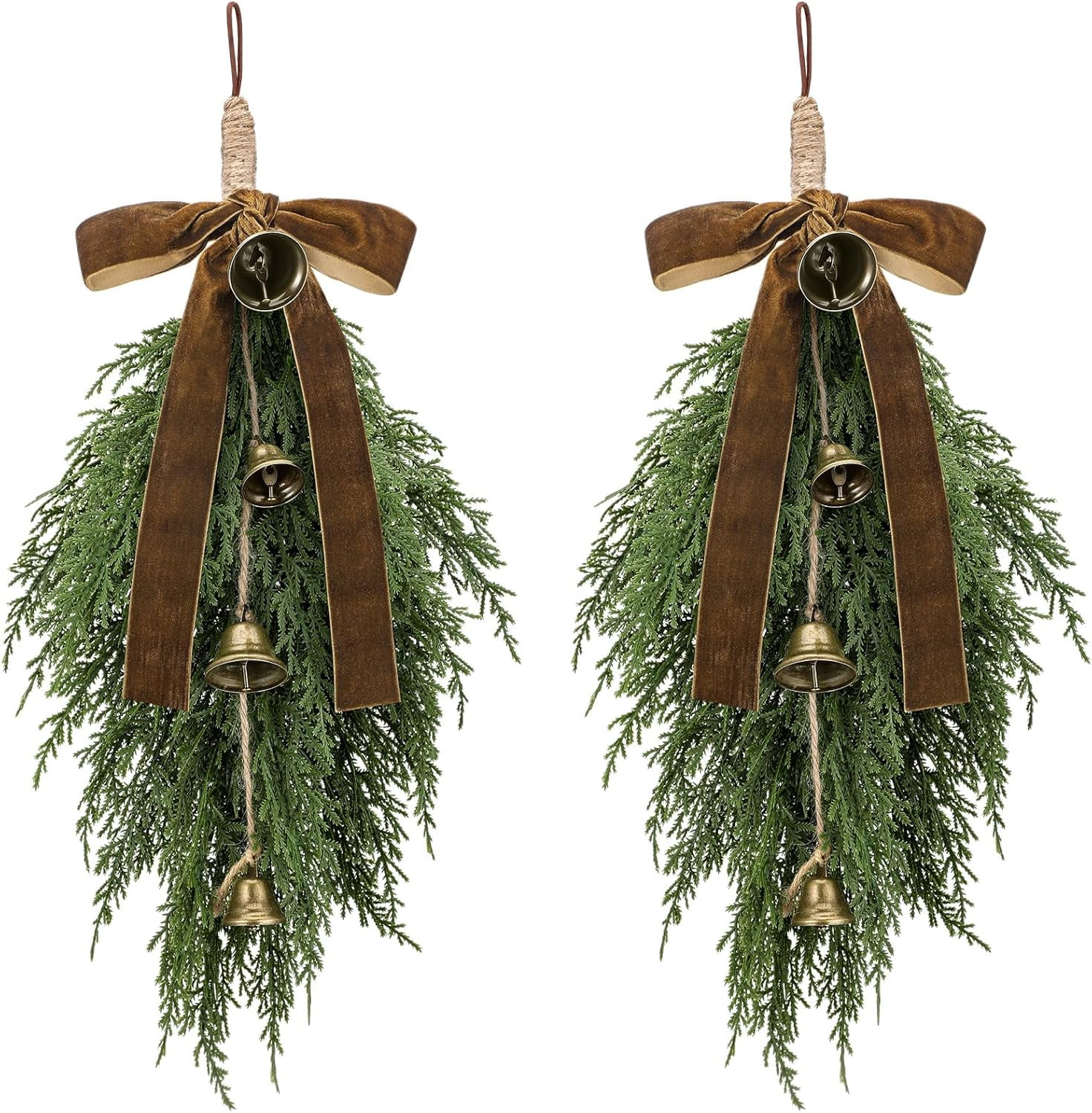 HaCpiu 2 Pack Christmas Greenery Cedar Teardrop Swag with Velvet Ribbon ...